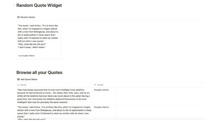 Random Quote Generator Free Notion Template
